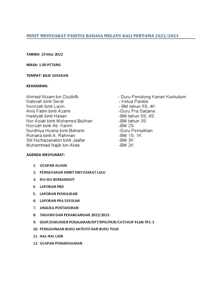 Minit Mesyuarat Bahasa Melayu Kali Pertama 2022 | PDF