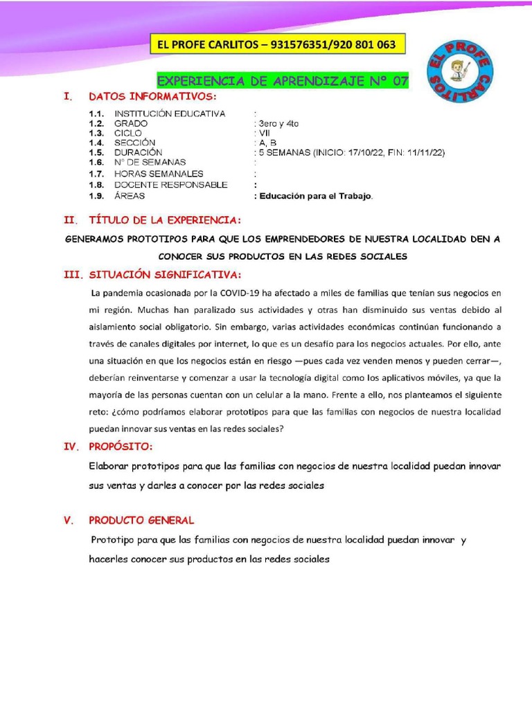 Experiencia de Aprendizaje N°07 - Ciclo Vii - 3ero y 4to - Ept - 00001 | PDF