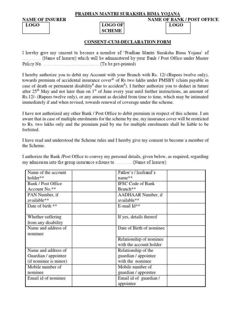 PMSBY Cons-Cum-Decl Orm - 10062021 | PDF | Insurance | Identity Document