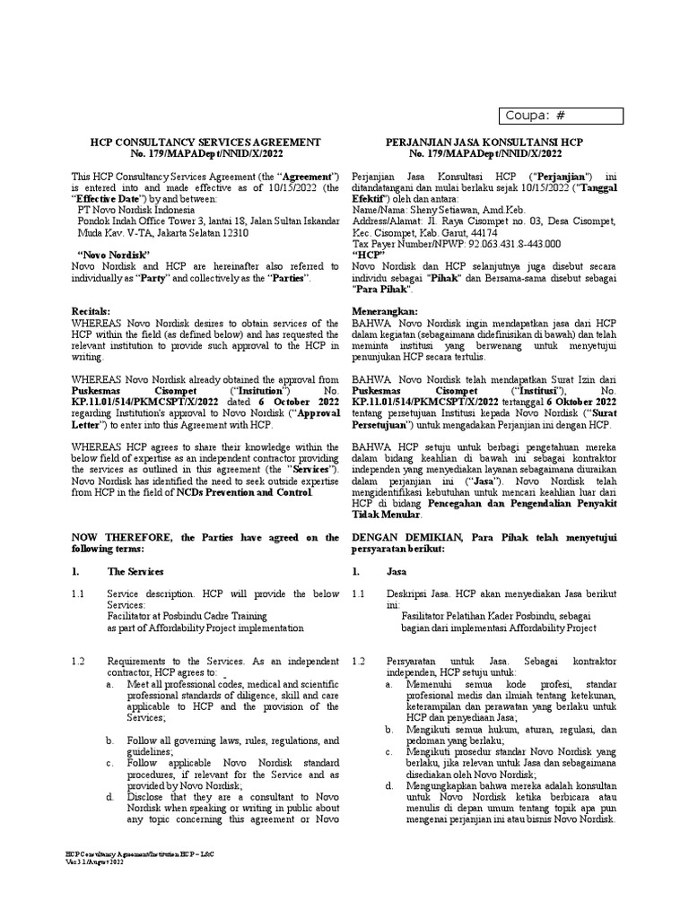 179 - AP Site Visit - Sheny - Rev LC 220922 - Consultancy Agreement | PDF
