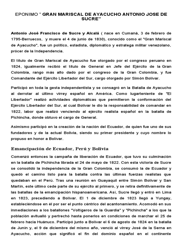 Eponimo Antonio Jose de Sucre | PDF | Conflictos del segundo milenio | Conflictos