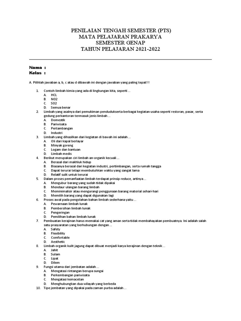 Soal PTS Prakarya 2021-2022 | PDF