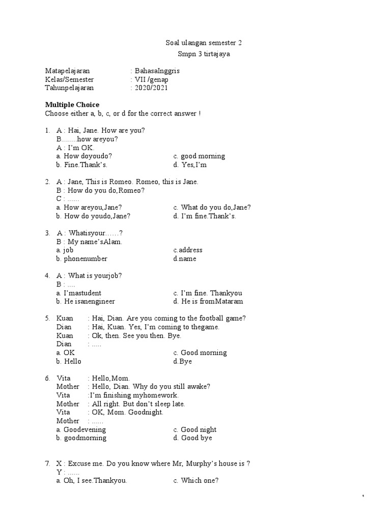 Soal Bahasa Inggris Kelas 7 Semester 2 PDF Dikonversi | PDF | Home & Garden