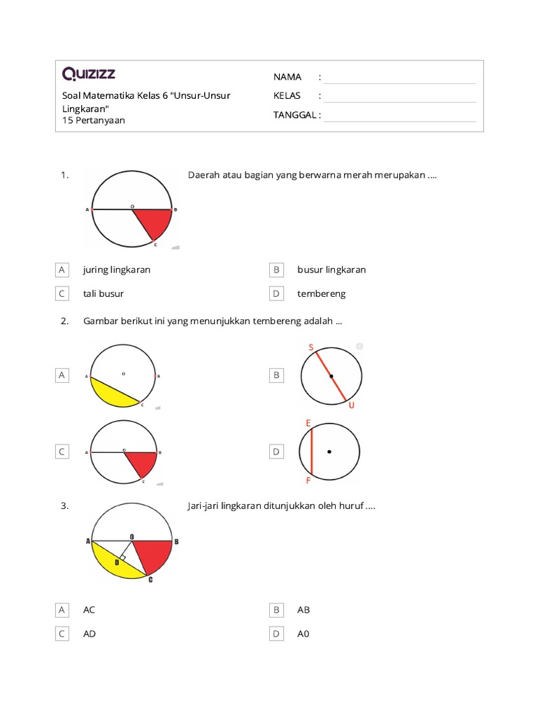 Soal Matematika Kelas 6 - Unsur-Unsur Lingkaran | PDF