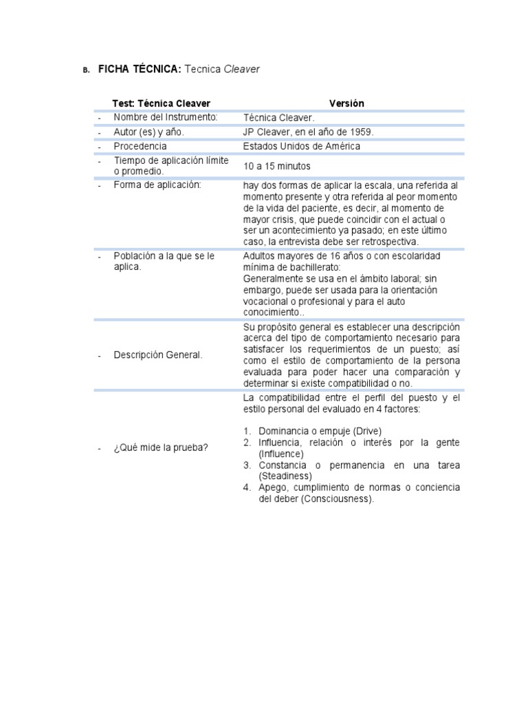 Ficha Técnica Test - Cleaver | PDF | Sicología | Ciencia cognitiva