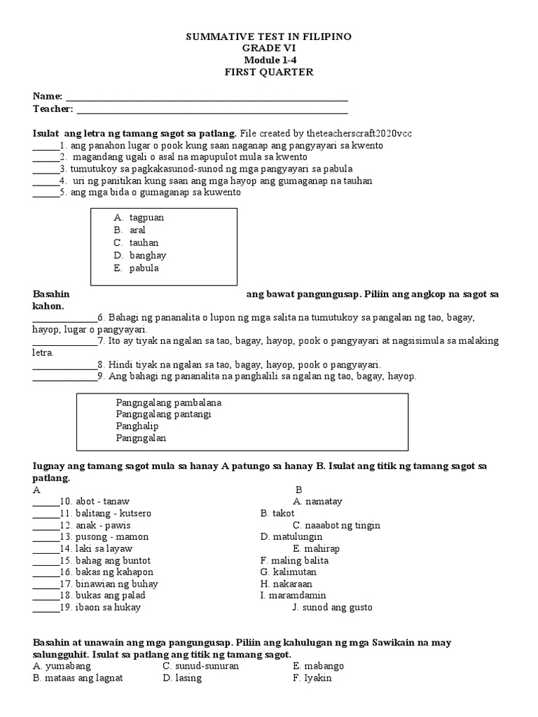 Summative Test in Filipino | PDF