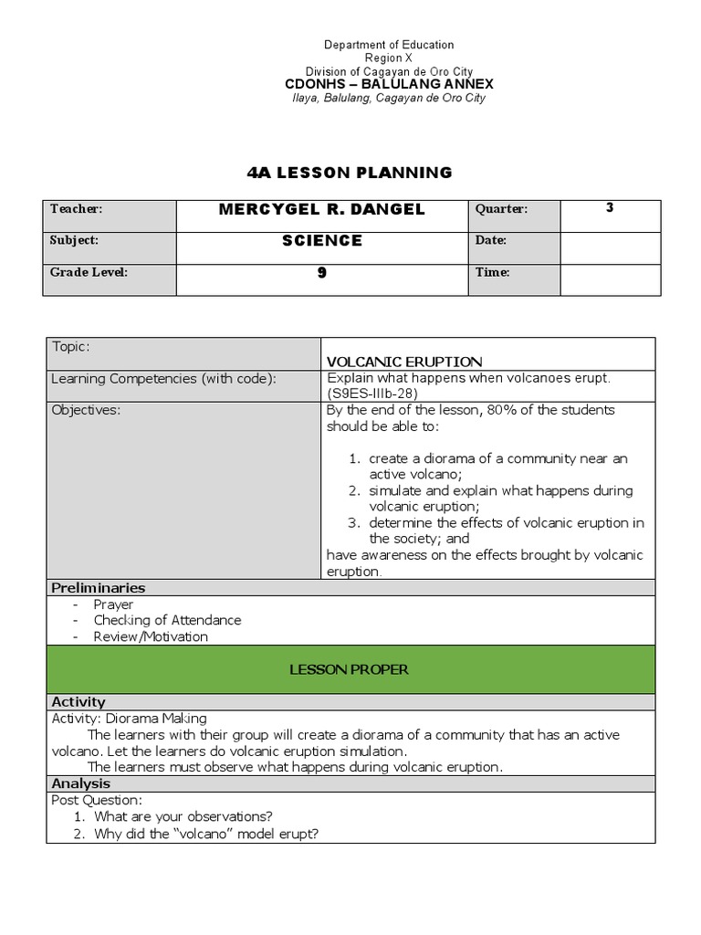 DANGEL 4as LESSON PLANNING | PDF | Volcano | Learning