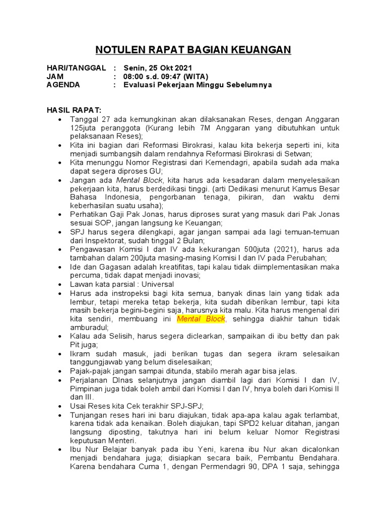 Notulen Rapat Bagian Keuangan 25 Okt 2021 | PDF