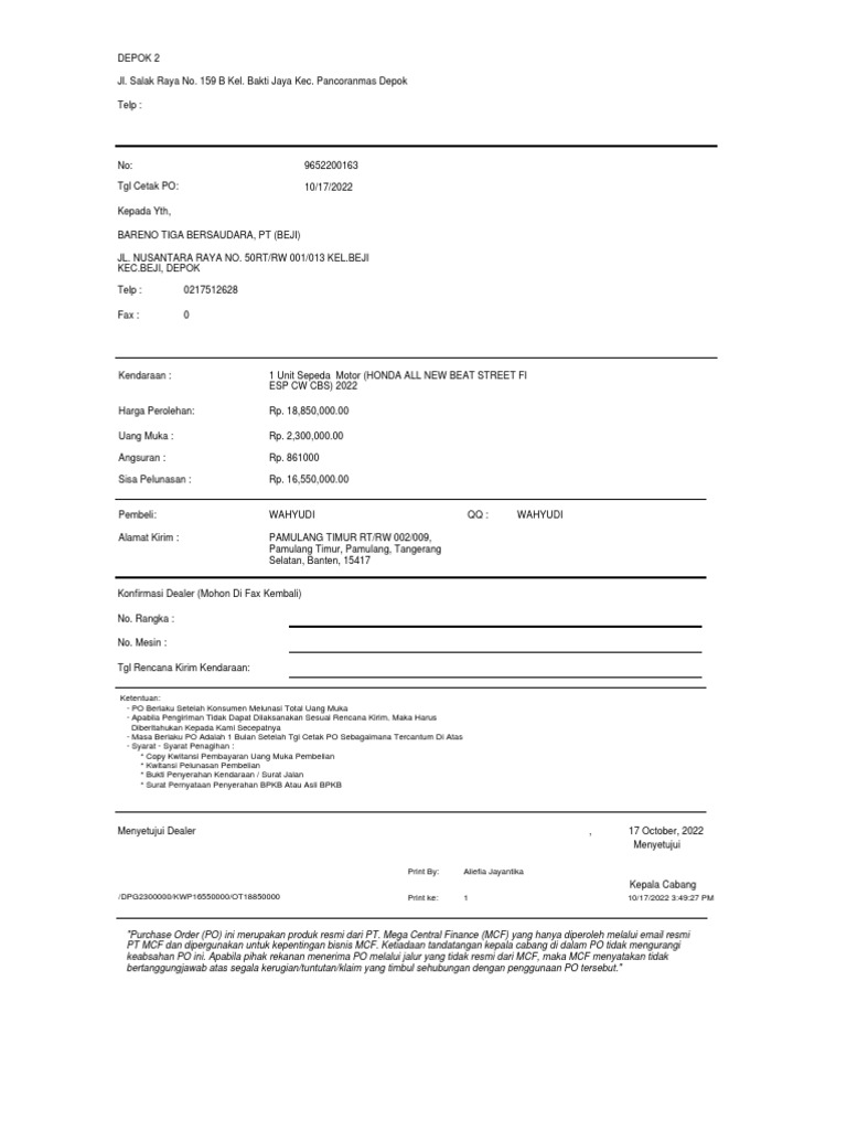 Contoh Surat PO Pembelian Motor Honda | PDF