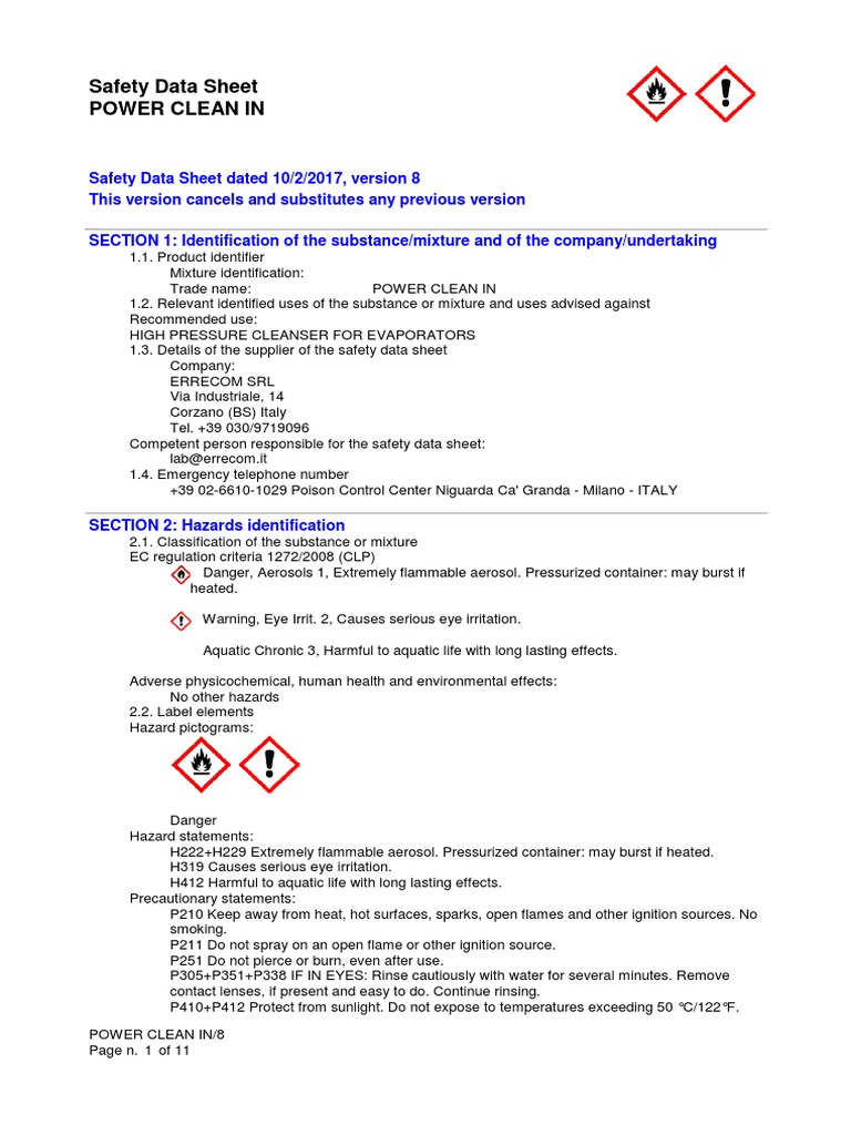 Power Clean MSDS | PDF | Dangerous Goods | Toxicity