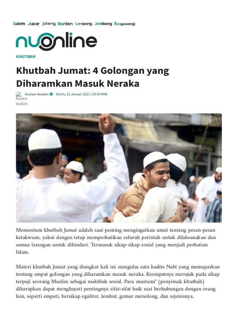 Khutbah Jumat - 4 Golongan Yang Diharamkan Masuk Neraka - NU Online | PDF Khutbah Jumat - 4 Golongan Yang Diharamkan Masuk Neraka - NU Online | PDF