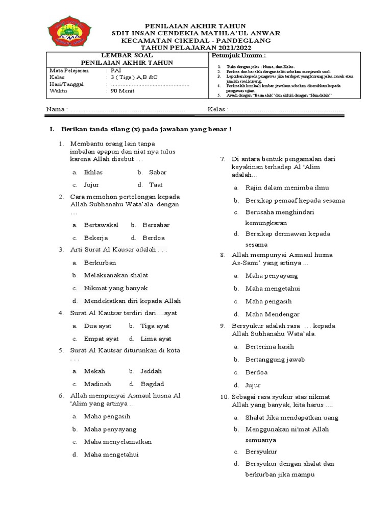 Soal Pat Genap Pai Kelas 3 TP 2021-2022 | PDF