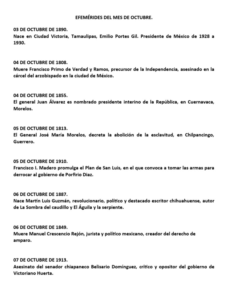 Efemérides Del Mes de Octubre | PDF | México | Maestros