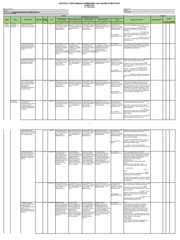 Teacher 1 3 Ipcrf 2021 2022 Corrected Layout 1 Pdf Learning
