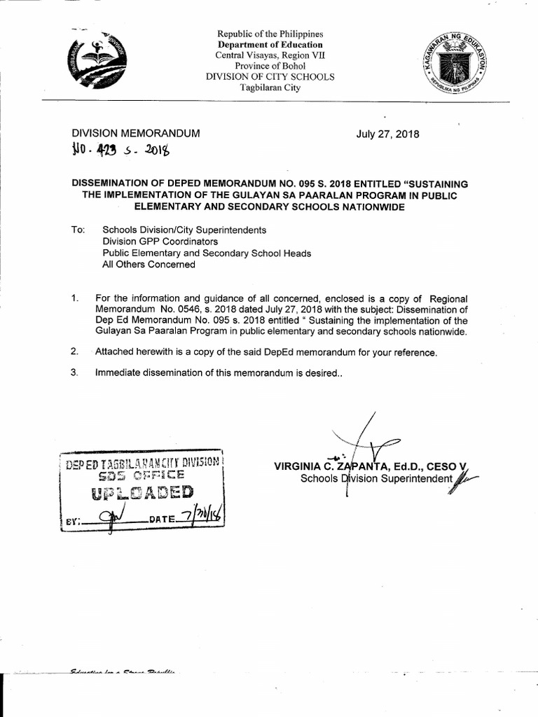 DM No 423 S 2018 Dissemination of Deped Memorandum No 095 S 2018 Entitled Sustaining The ...