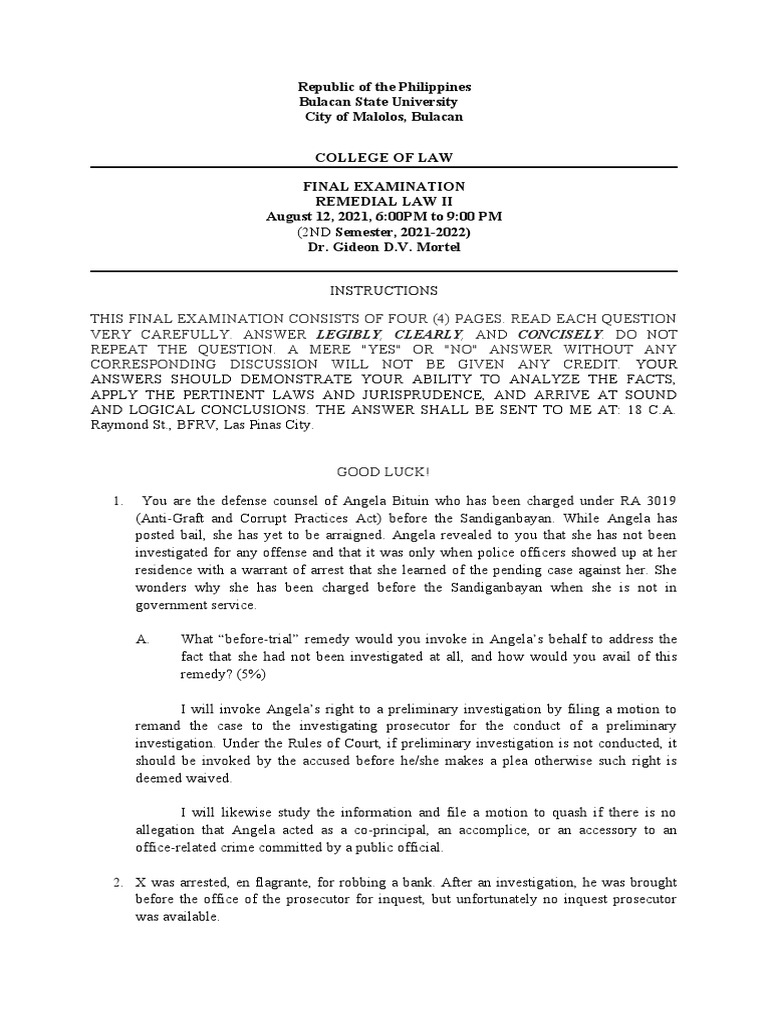 Remedial Law II Final Exam August 2022 | PDF | Bail | Arrest