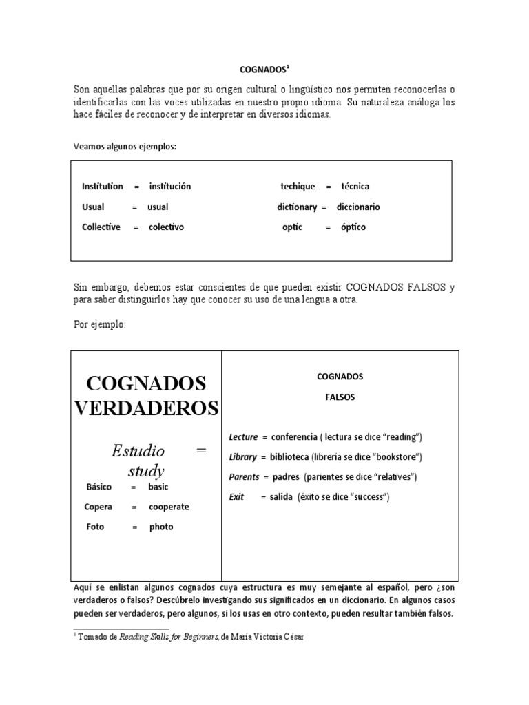 COGNADOS, Ejercicio de Comprensión de Textos, ENBA | PDF | Comunicación ...