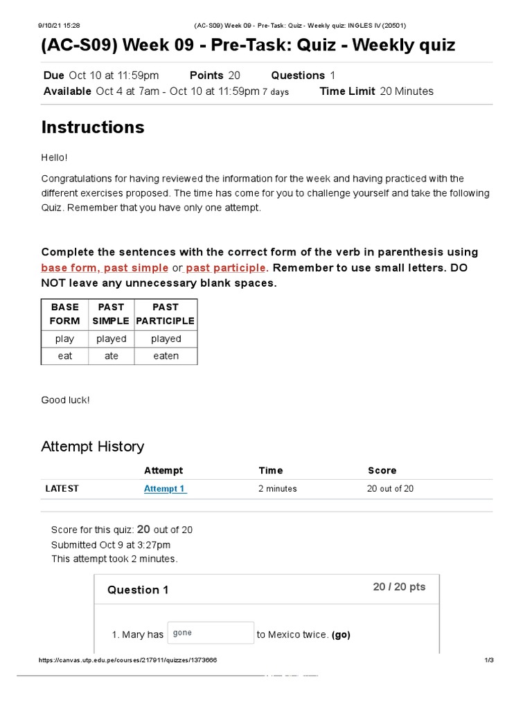Ac s09 Week 09 Pre Task Quiz Weekly Quiz Ingles IV - Compress | PDF