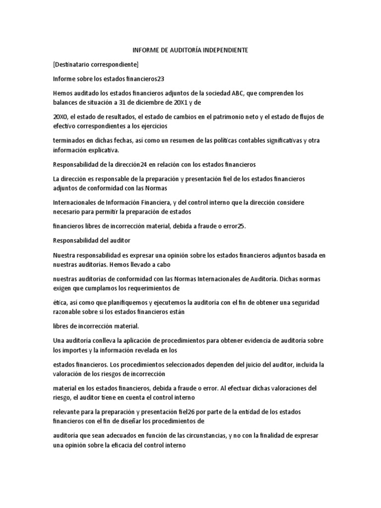 Informe de Auditoría Independiente | PDF | Auditoría | Estado financiero