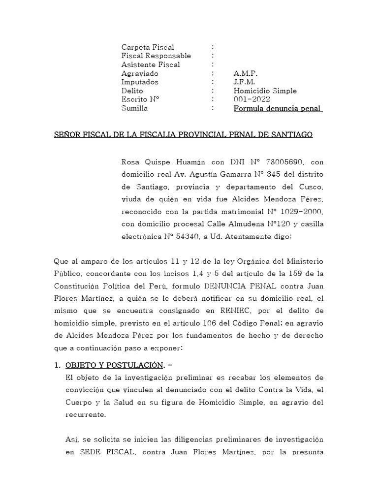 Denuncia Homicidio Simple | PDF | Homicidio | Derecho penal