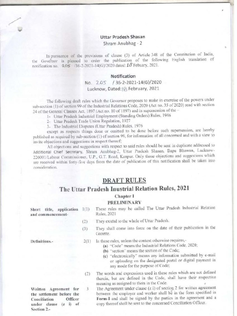 Uttar Pradesh Industrial Relations Rules Analysis | PDF