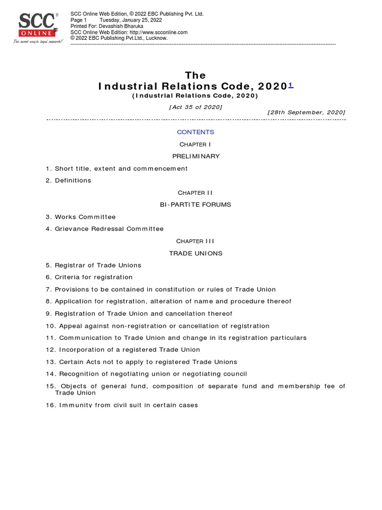 Industrial Relations Code 2020 Analysis | PDF | Employment | Tribunal