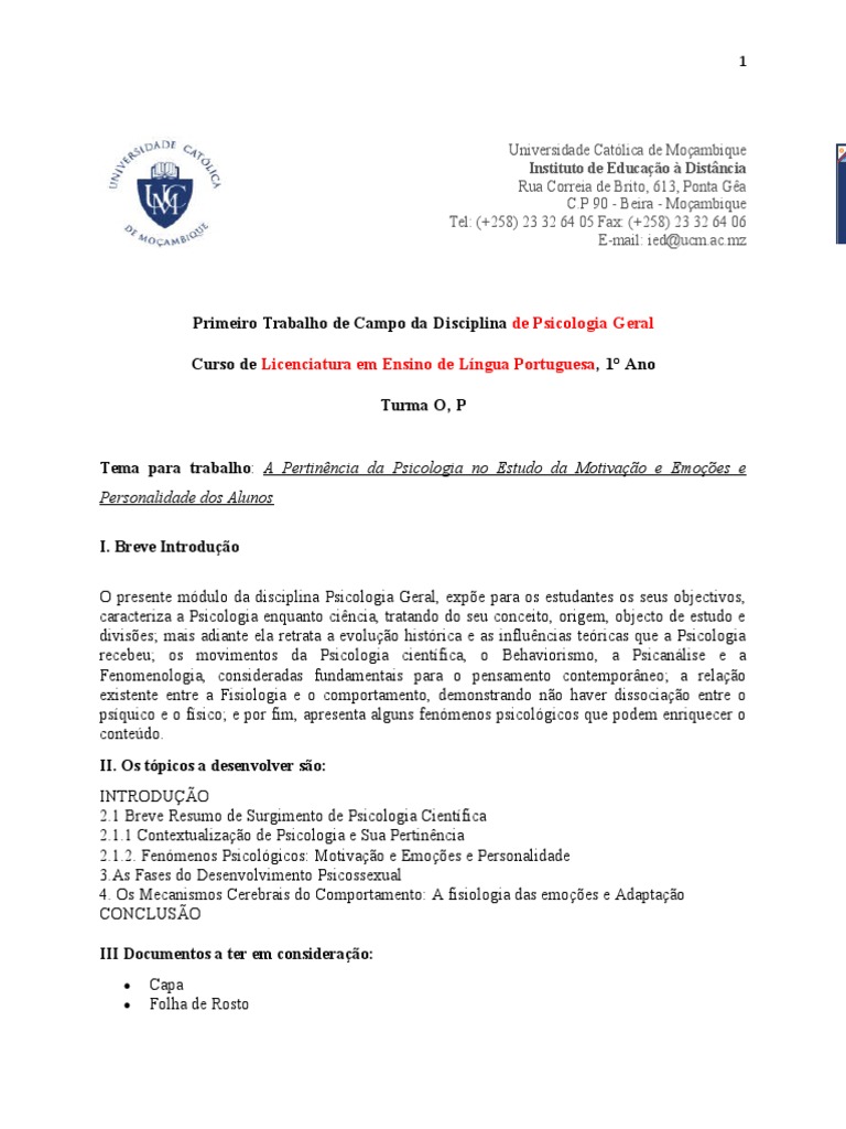 1o Trab de Campo de PG - O e P | PDF | Psicologia | Science