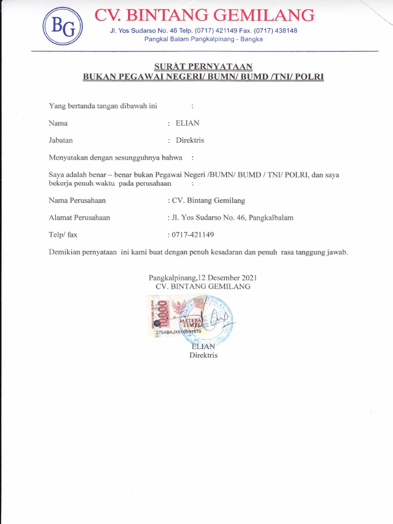 Pernyataan Legalitas CV. Bintang Gemilang | PDF