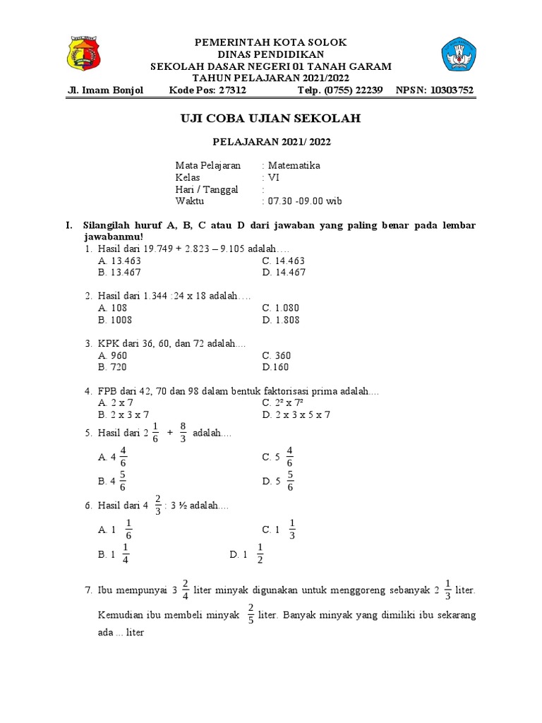 Soal To MTK KLS 6 2021-2022 | PDF