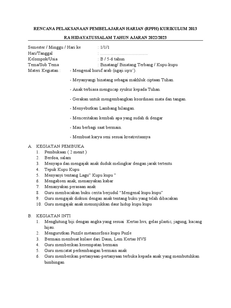 RPPH Kelas B Tema Binatang | PDF