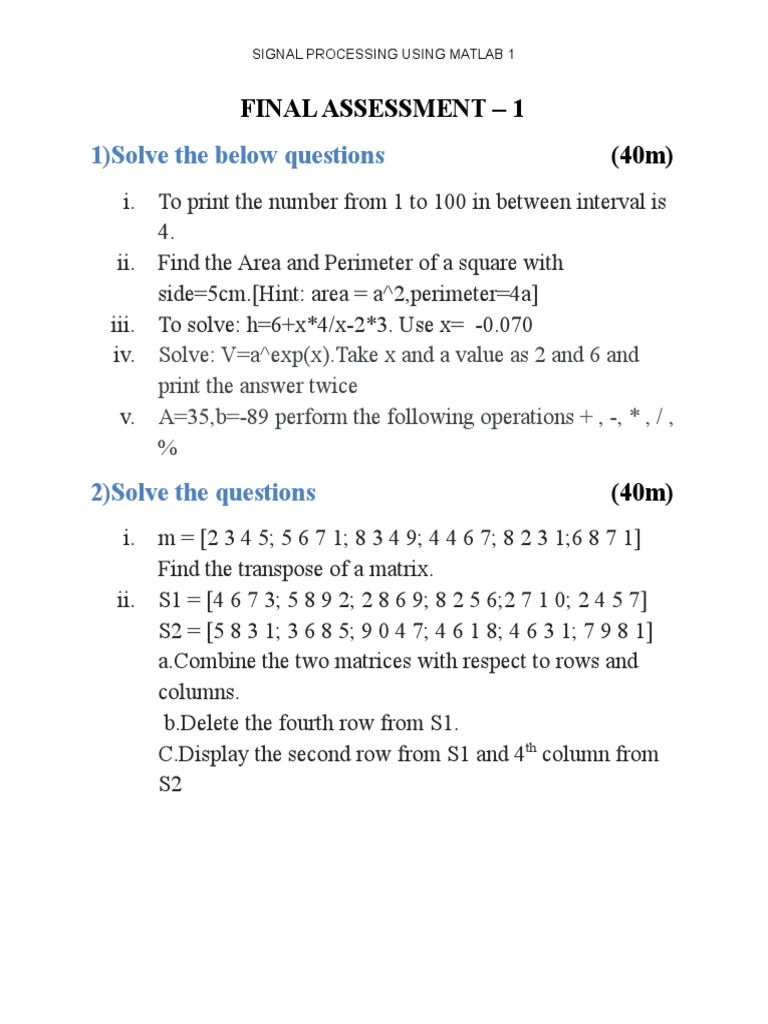 Solving Signal Processing Problems Using Matlab Final Assessment On Matrix Operations Plotting