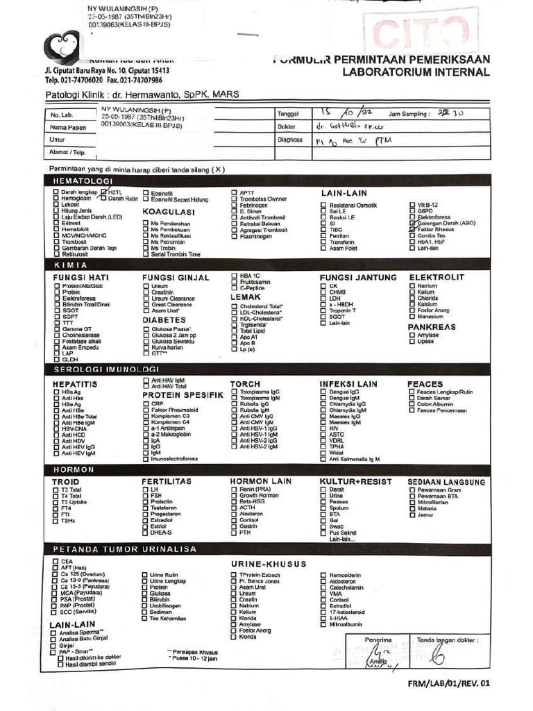 Formulir Permintaan Pemeriksaan Laboartorium Cito | PDF