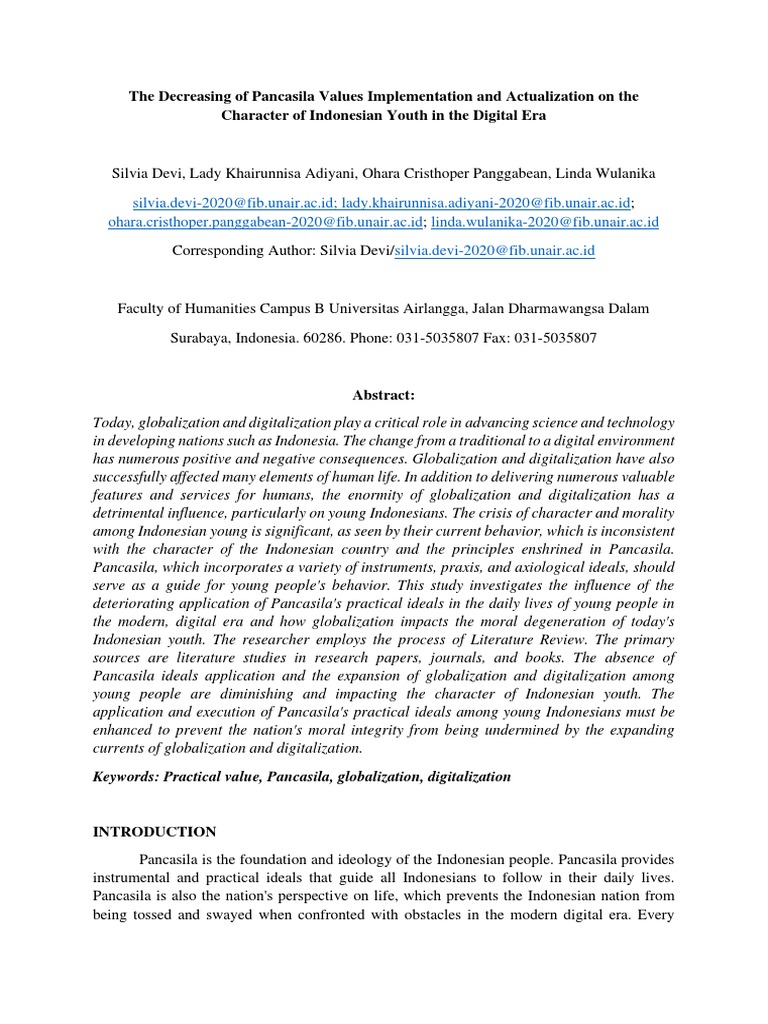 The Decreasing of Pancasila Values Implementation and Actualization On The Character of ...