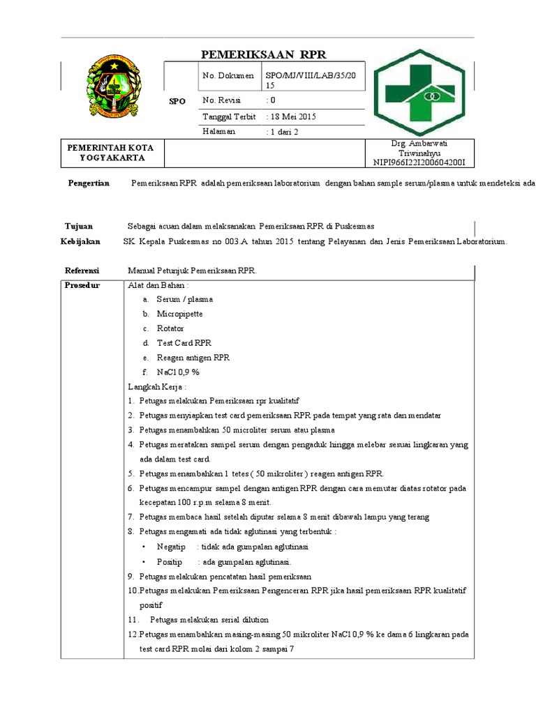 SPO Pemeriksaan RPR | PDF