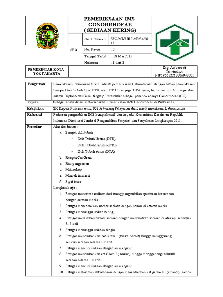 SPO Pemeriksaan IMS Gonorrhoeae (Sediaan Kering) | PDF