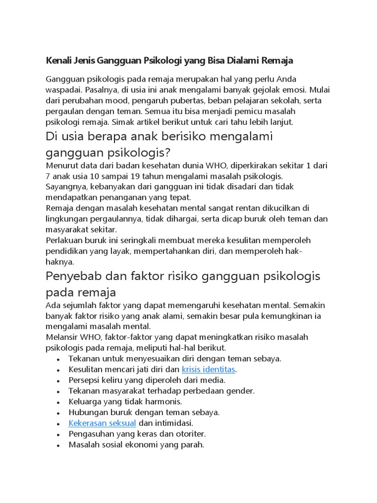Kenali Jenis Gangguan Psikologi Yang Bisa Dialami Remaja | PDF | Pengembangan Diri