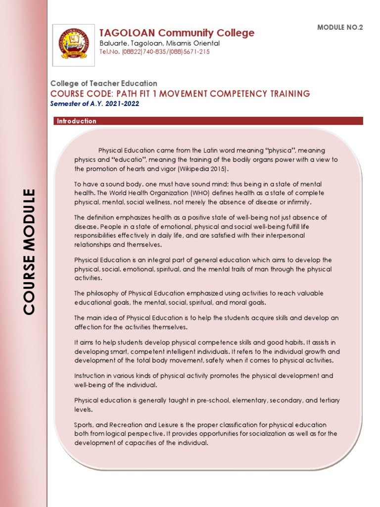 TAGOLOAN Community College: Course Code: Path Fit 1 Movement Competency ...