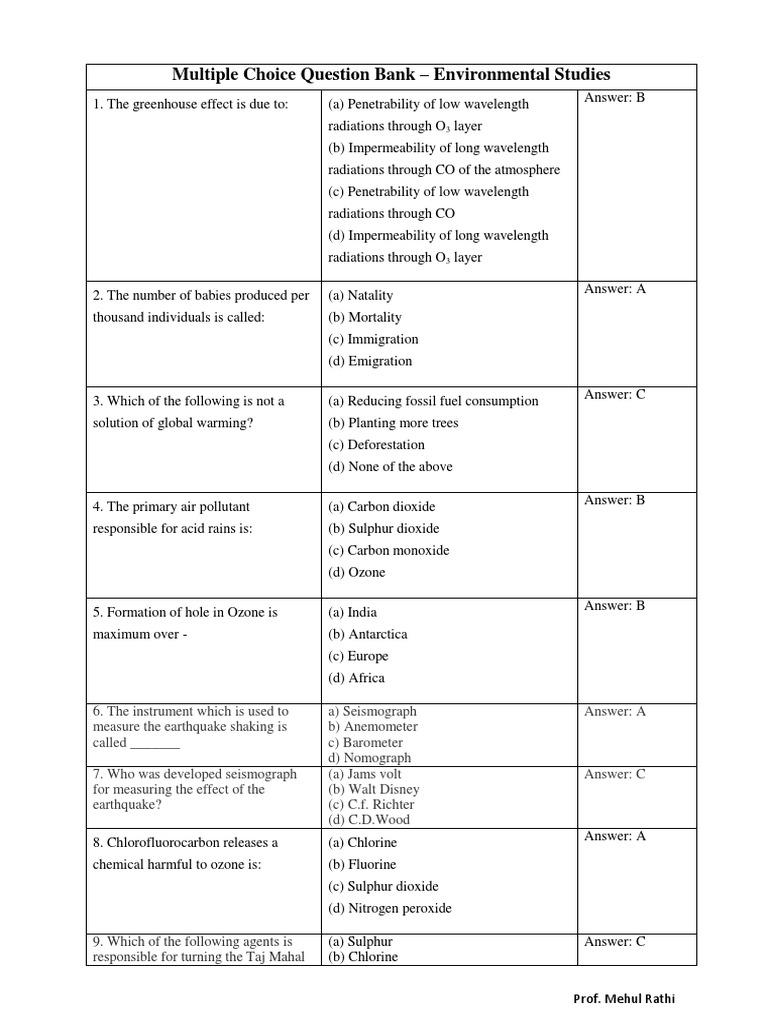Evs Mcq Pdf Atmosphere Of Earth Ozone Depletion