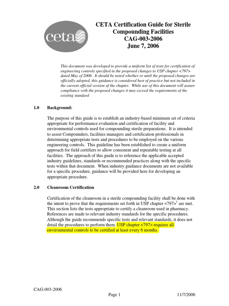 CETA Certification for Cleanroom Pharmacies | PDF | Technology ...