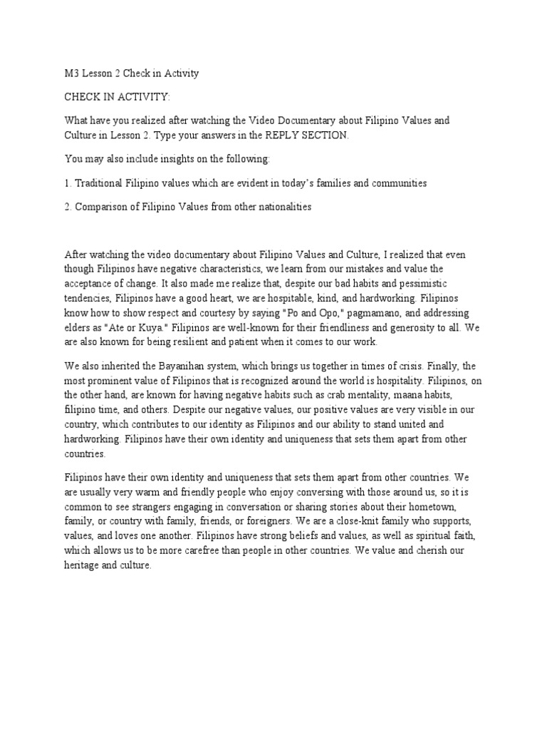 Realizations About Filipino Values and Culture: Insights Into ...