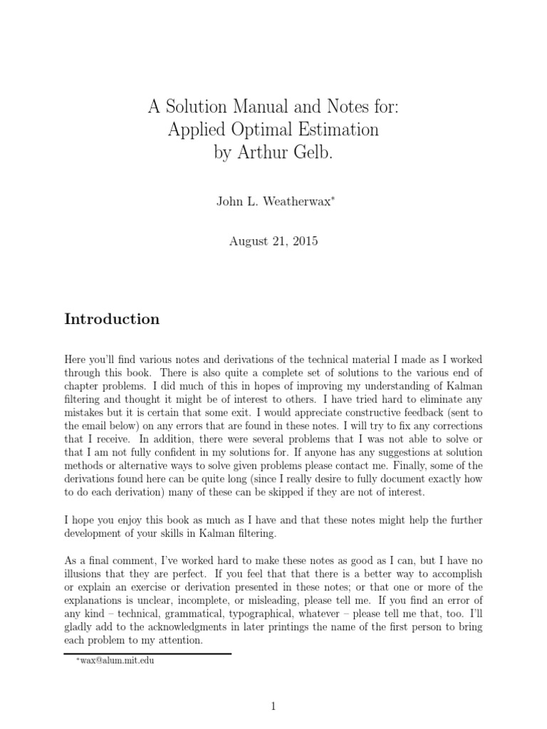 Solution Manual and Notes For - Applied Optimal Estimation (Gelb) | PDF ...
