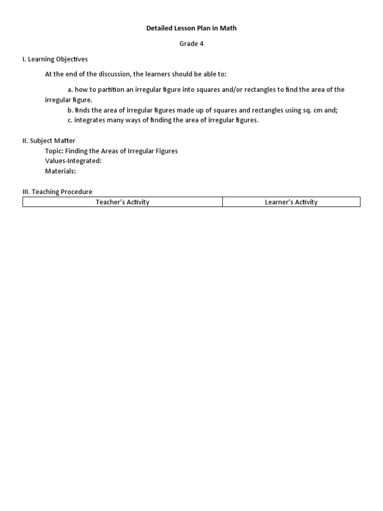 Detailed Lesson Plan in Math | Download Free PDF | Area | Lesson Plan