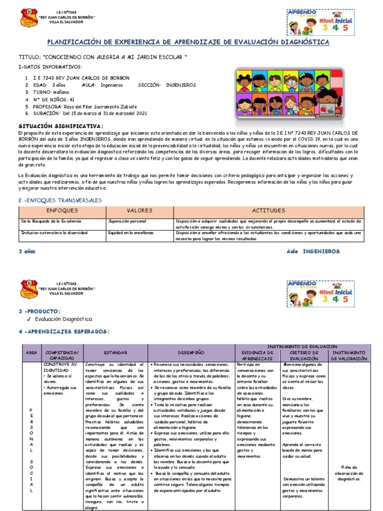 Planificación de Experiencia de Aprendizaje de Evaluación Diagnóstica para 3 Años | PDF ...
