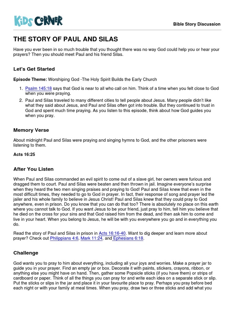 Kids Corner The Story of Paul and Silas Bible Story Discussion | PDF ...