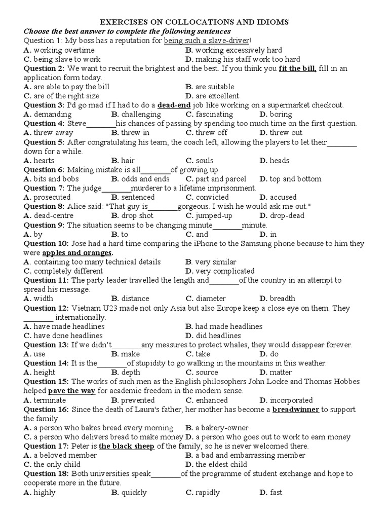 Exercises on Collocations and Idioms Quiz | PDF
