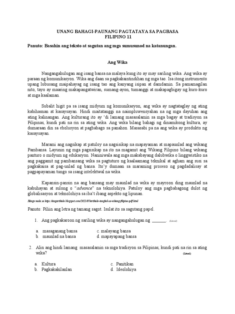 Paunang Pagtataya Sa Filipino Pagbasa SHS GR.11 | PDF Paunang Pagtataya Sa Filipino Pagbasa SHS GR.11 | PDF