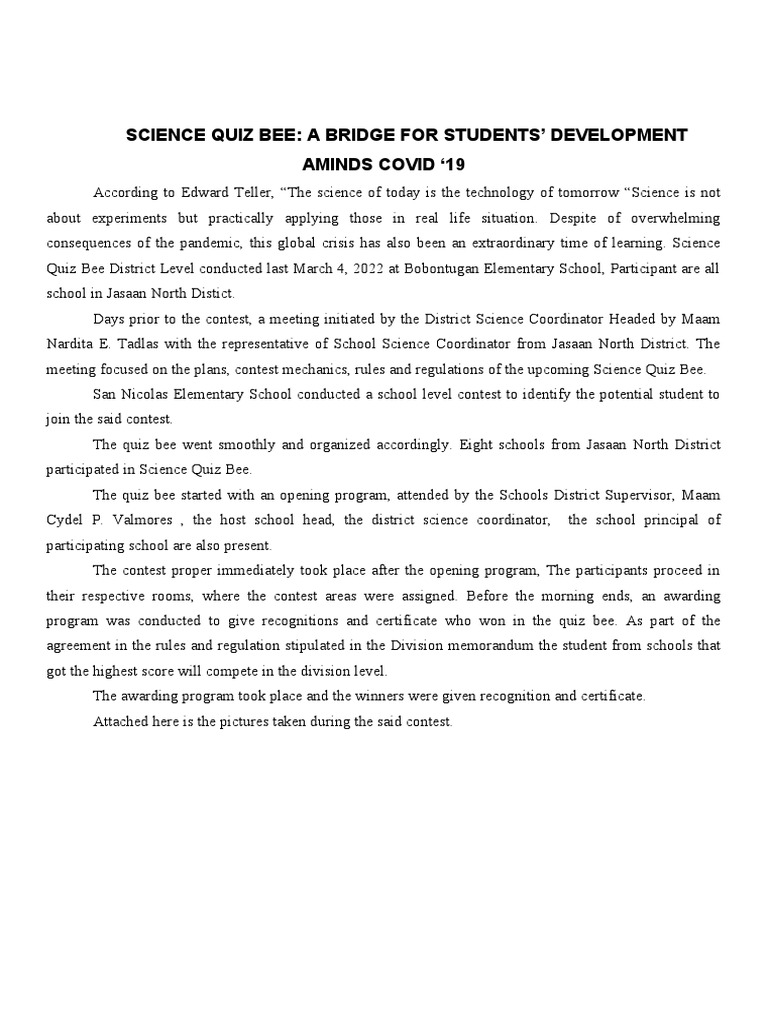 Science Quiz Bee Narrative Report | PDF | Wellness | Science & Mathematics