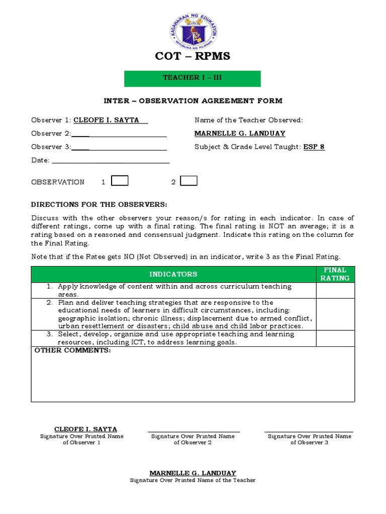 Inter Observation Agreement Form | PDF | Career & Growth