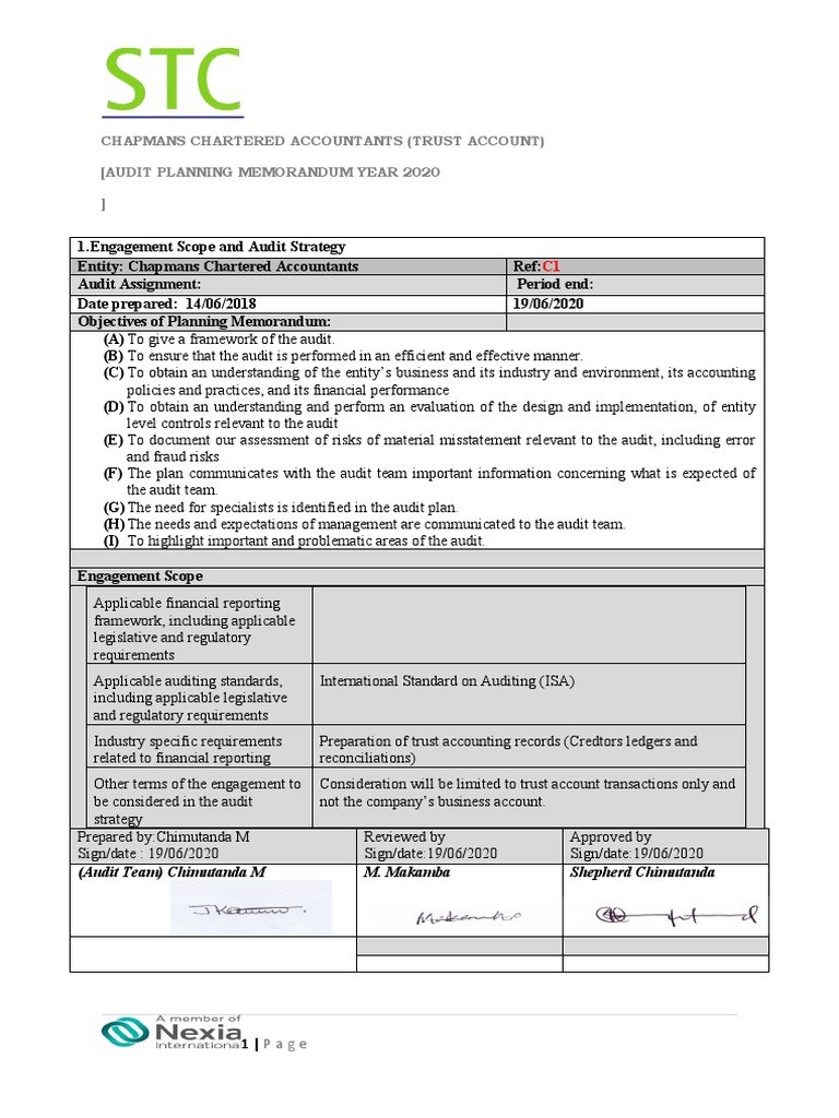 C1. Planning Memorandum - Chapmans 18 | PDF | Audit | Financial Audit