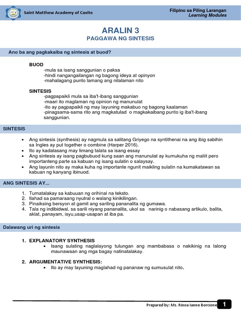 Aralin 3 - Paggawa NG Sintesis | PDF